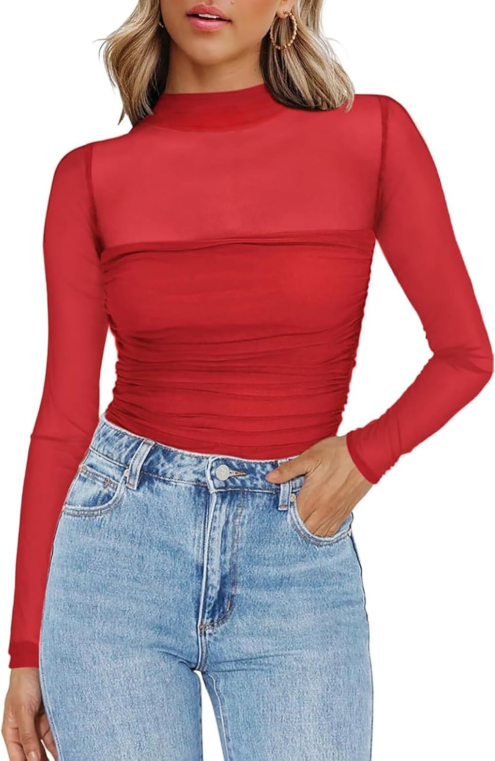 "Juno" Sheer Mesh Mock Neck Top – Raya Bloom